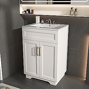 Bathroom Vanity with Sink 24 Inch, Wooden Double Door Bathroom Storage Vanity, Small Quick Assembly Bathroom Cabinet, White & Grey, White - Faucets and Downpipes Not Included (White)