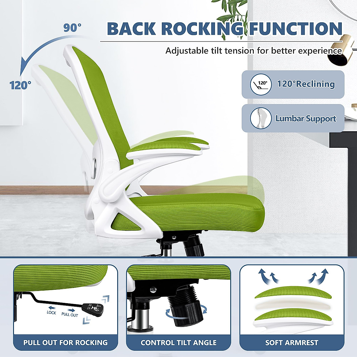 Winrise Office Chair Desk Chair, Ergonomic Mesh Computer Chair Home Office Desk Chairs, Swivel Task Chair Mid Back Breathable Rolling Chair with Adjustable Lumbar Support Flip Up Armrest (Green)