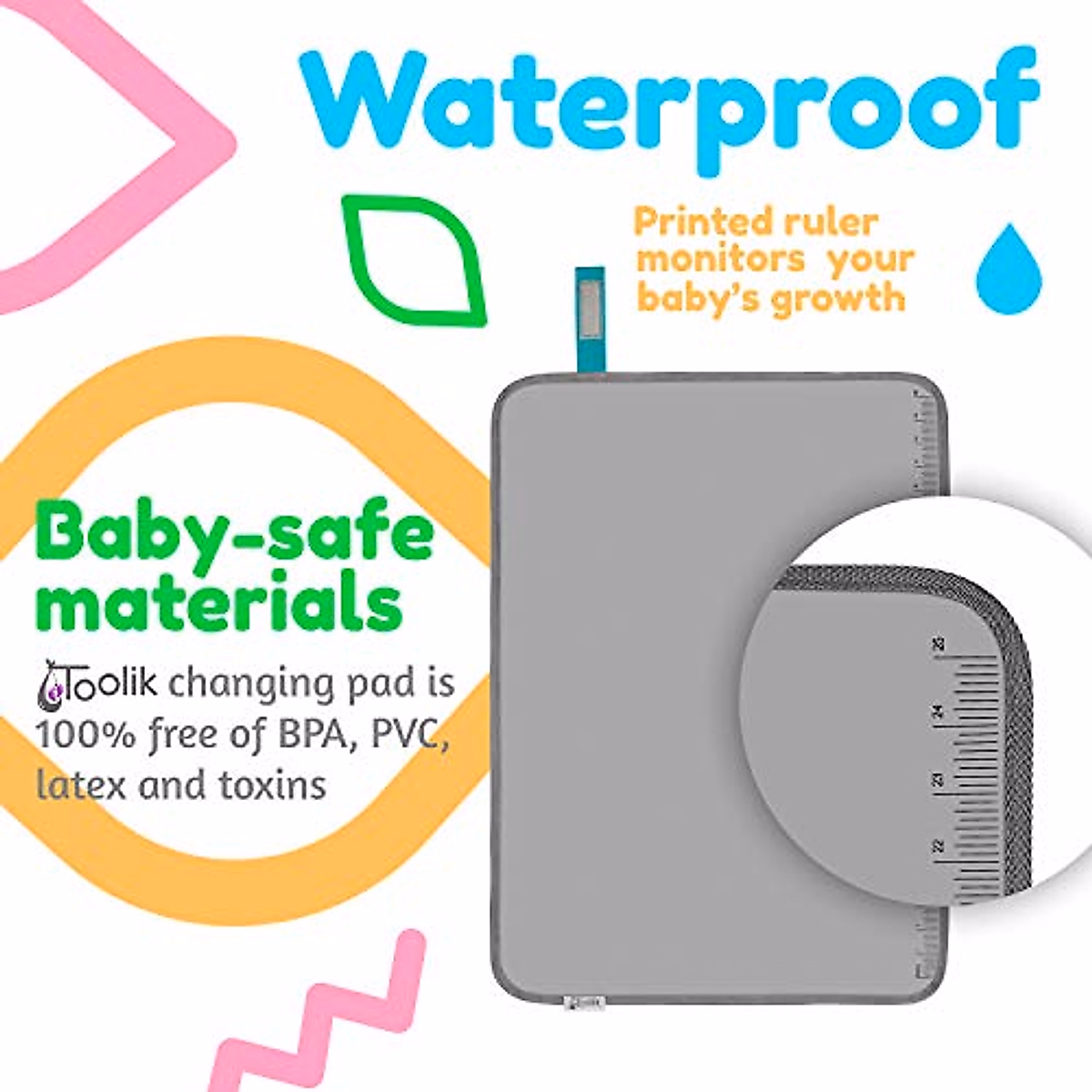 Toolik Baby Diaper Changing Pad, Extra Large (27.5 x 19.7 inch) Waterproof Mat for Stroller Walks or Diaper Bag, Fits Newborn and Toddler for Quick Change on The go (Grey, Solid)