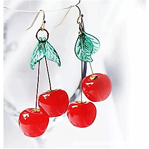Cherry Cute Earrings for Women Red Funny Drop Dangle Earring Gold Plated Resin Green Leaf Tassel