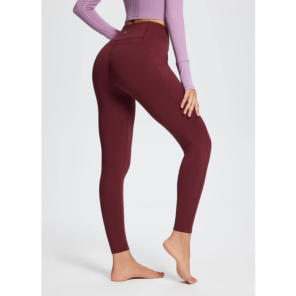 BALEAF Women's Fleece Lined Leggings with Pockets 25" Petite Thermal Winter Warm High Waisted Thick 7/8 Yoga Pants Wine Red S