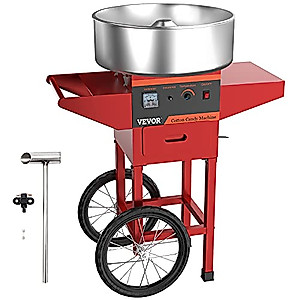 VBENLEM Commercial Cotton Candy Machine with Cart, Electric Floss Maker with Stainless Steel Bowl, Sugar Scoop and Drawer, for Family and Various Party, Red