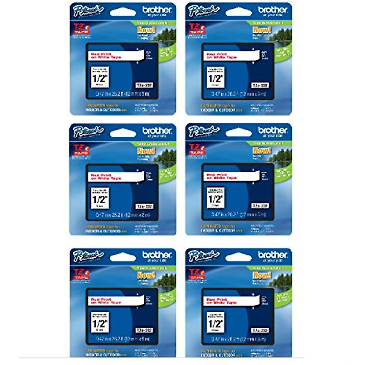 Brother Genuine TZe-232 1/2" Red on White Standard Laminated Tape for P-Touch Labeler, 6 Pack