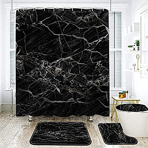 Black Marble Shower Curtain with Bath Rugs Sets, 4 Pcs Gray Marble Patterns Bathroom Décor with Toilet Seat Cover, Non-Slip Mats, Absorbent Pedestal Pads and Waterproof Shower Curtains + Hooks (Black)