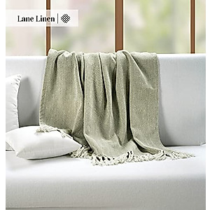 LANE LINEN Super Soft Throw Blanket for Couch & Bed - Classic Herringbone Weave with Tassel Cotton Lightweight Breathable Durable Cozy Warm – Pack of 2 50”x70” Sage Green