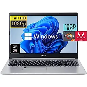 Acer 2022 Newest Aspire 5 Slim 15.6" FHD IPS Laptop, AMD Quad-Core Ryzen 3 3350U(Up to 3.5GHz,Beat i5-7200U), 12GB DDR4 RAM, 256GB SSD, WiFi 6, Backlit Keyboard, Fingerprint, HDMI, Windows 11+JVQ MP