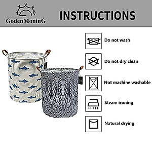 Collapsible Laundry Basket - GodenMoninG 2X 62.8L Large Sized Round Waterproof Storage Bin with Leather Handles,Home Decor,Toy Organizer,Children Nursery Hamper.（2 PACKS，Grey Striped Shark & Blue Wave）