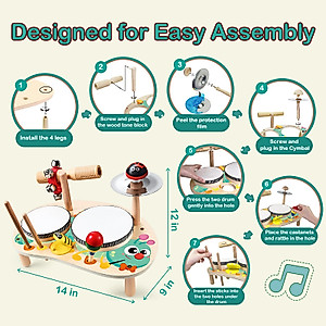 Kids Drum Set for Toddlers: Montessori Musical Instruments Set Toddler Toys - 7 in 1 Wooden Musical Kit Baby Sensory Educational Toys Christmas Birthday Gifts for Boys & Girls Age 2 3