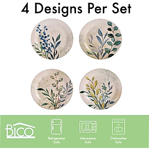 Bico Botanical Valley Ceramic Salad Plates, 8.75 inch, Set of 4, for Salad, Appetizer, Microwave & Dishwasher Safe