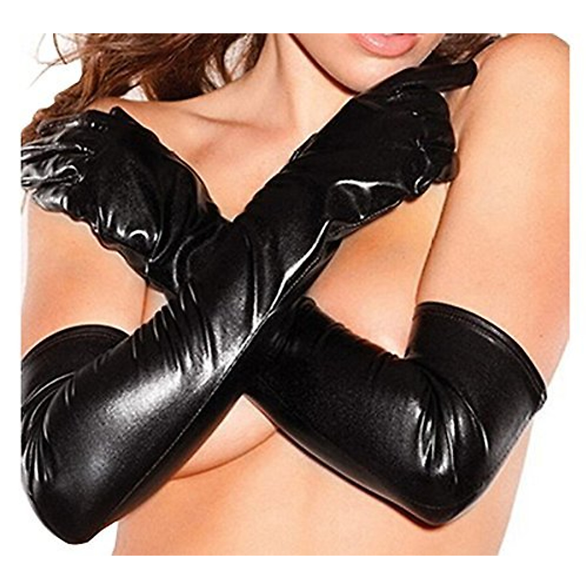 Luwint Women's Sexy Elastic Shiny Wet Look Satin Long Gloves (Black)