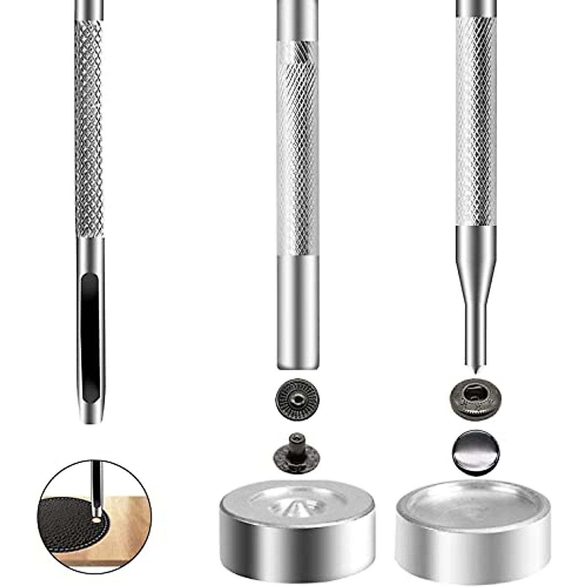 24 Sets Heavy Duty Leather Snap Fasteners Kit, BetterJonny 15mm Metal Snap Buttons Press Studs Leather Rivets Snaps with 4 Setter Tools for Clothes Bracelet Jackets Jeans Gun Black