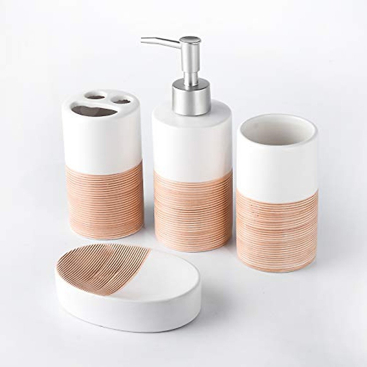 MIUFA 4 Piece White Deluxe Ceramic Bathroom Accessories Set Soap Dispenser Toothbrush Holder,Tumbler & Soap Dish (White)