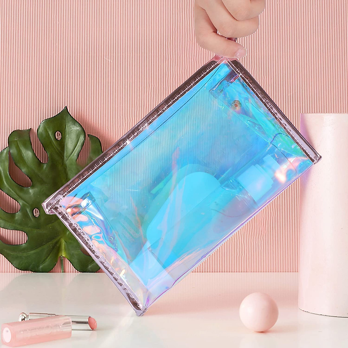 BESARME 10 Pcs Holographic Makeup Bags Bulk, Stocking Stuffers for Women Clear Portable Zippered Toiletry Bag Waterproof Cosmetic Bags Christmas Gifts for Women in Bulk