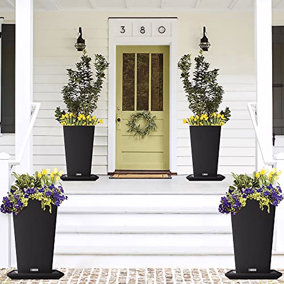 Elevens Tall Planters 30 Inch Tapered Square Planters Garden Flower Pots,Large Planter for Patio,Indoor/Outdoor Planter with Tray Black-2 Pack