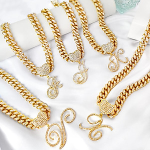 PTJDSMF Gold Initial Cuban Link Chain for Women Miami Iced Out Chain for women Bling Diamond Chain Necklace Hip Hop Jewelry (M)
