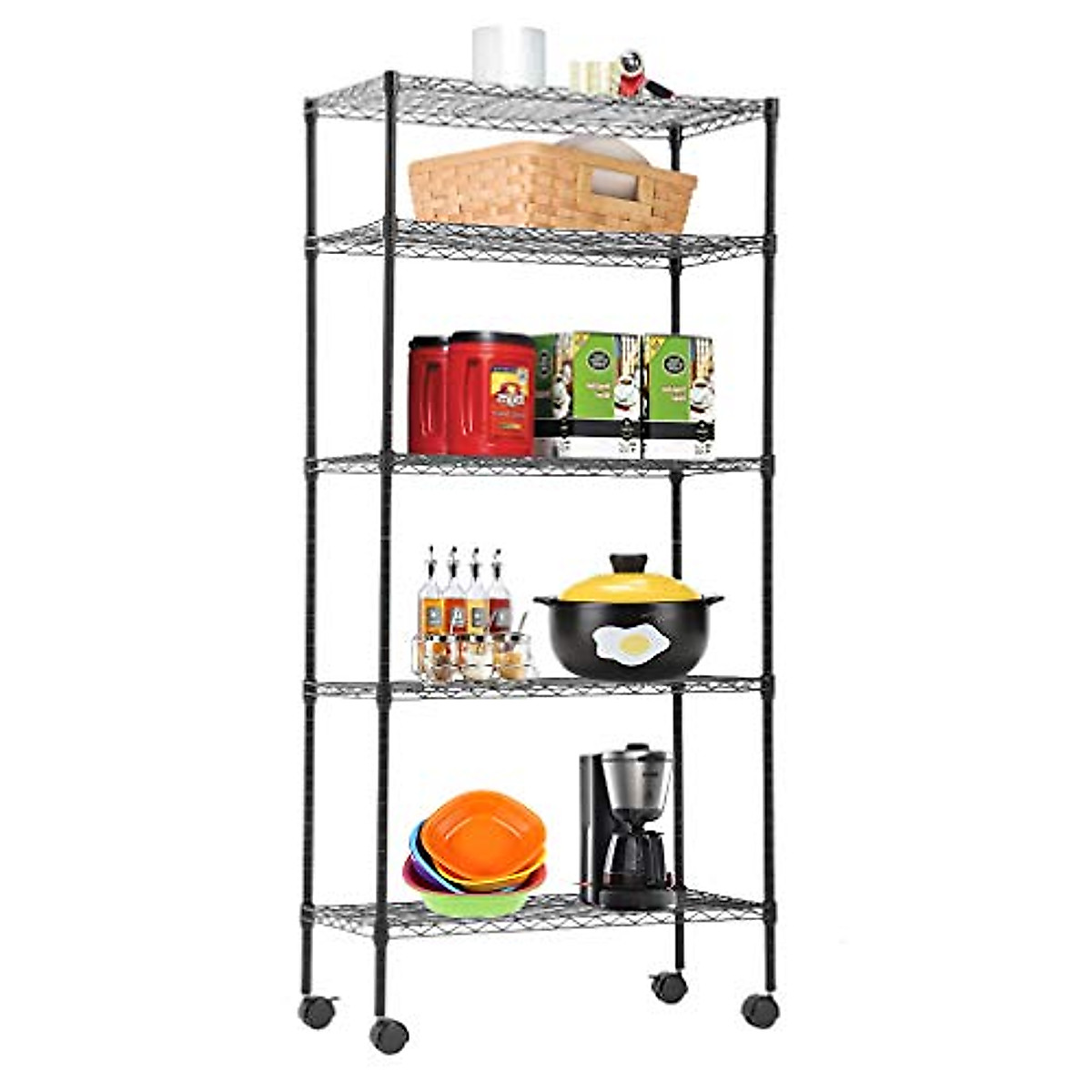 BMS 5-Tier Wire Shelving Unit Steel Large Metal Shelf Organizer Garage Storage Shelves Heavy Duty NSF Height Adjustable Commercial Grade Utility Storage Metal Rack on Wheels 14”D x 30”W x 60”H,Black