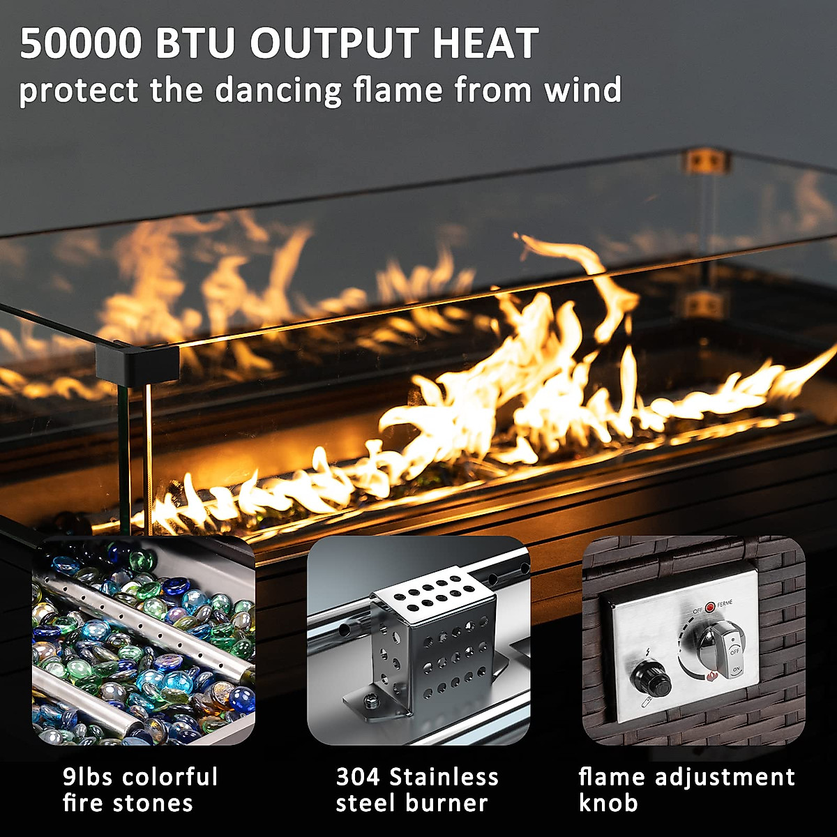 UDPATIO 8 Piece Patio Furniture Sets with Fire Pit Table, Rattan Outdoor Patio Furniture Sofa Sectional w/Gas Fire Pit, Coffee Table, 2 Waterproof Covers,for Patio Back Deck, Balcany, Poolside,Cream