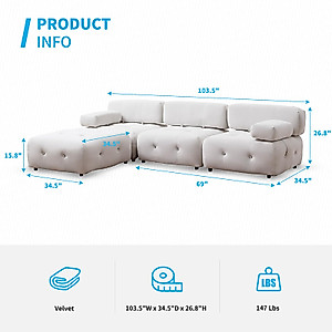 Mjkone Modular Sectional Sofa with Reversible Chaise, Velvet L Shaped Cloud Couch with Reversible Ottoman, 4 Seater Couch Button Tufted Designed Cloud Sofa, DIY Combination Sofa for Living Room,Beige