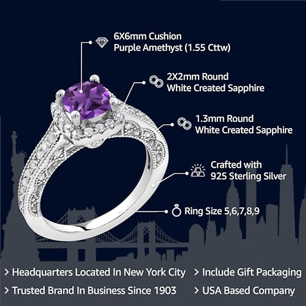 Gem Stone King 925 Sterling Silver 6MM Cushion Gemstone Birthstone and Accent White Created Sapphire Engagement Ring | Wedding Anniversary Promise Ring For Women | Available In Size 5, 6, 7, 8, 9