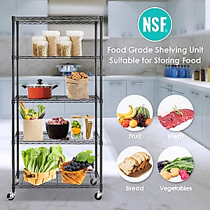 5 Tier Wire Shelving Rack with Wheels, 5 Tier Black Shelving Unit with NSF Certified, Adjustable Rolling Storage Metal Shelves, 18"D X 35.5"W X 71"H, 330Lbs Capacity, For Kitchen, Pantry, Garage