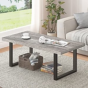 IBF Industrial Coffee Table, Wood and Metal Simple Modern Rustic Center Table, Minimalist Rectangle Farmhouse Wooden Cocktail Table for Living Room, Light Grey Oak, 47 Inch