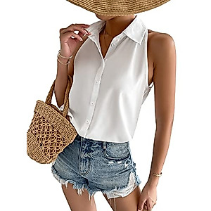 Verdusa Women's Casual Sleeveless Collar Button Down Shirt Blouse Top White S