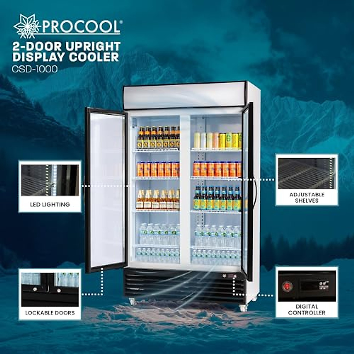 New Procool Refrigeration Glass 2 Door Upright Display Beverage Cooler Merchandiser; 35 Cubic Ft., 45" Wide