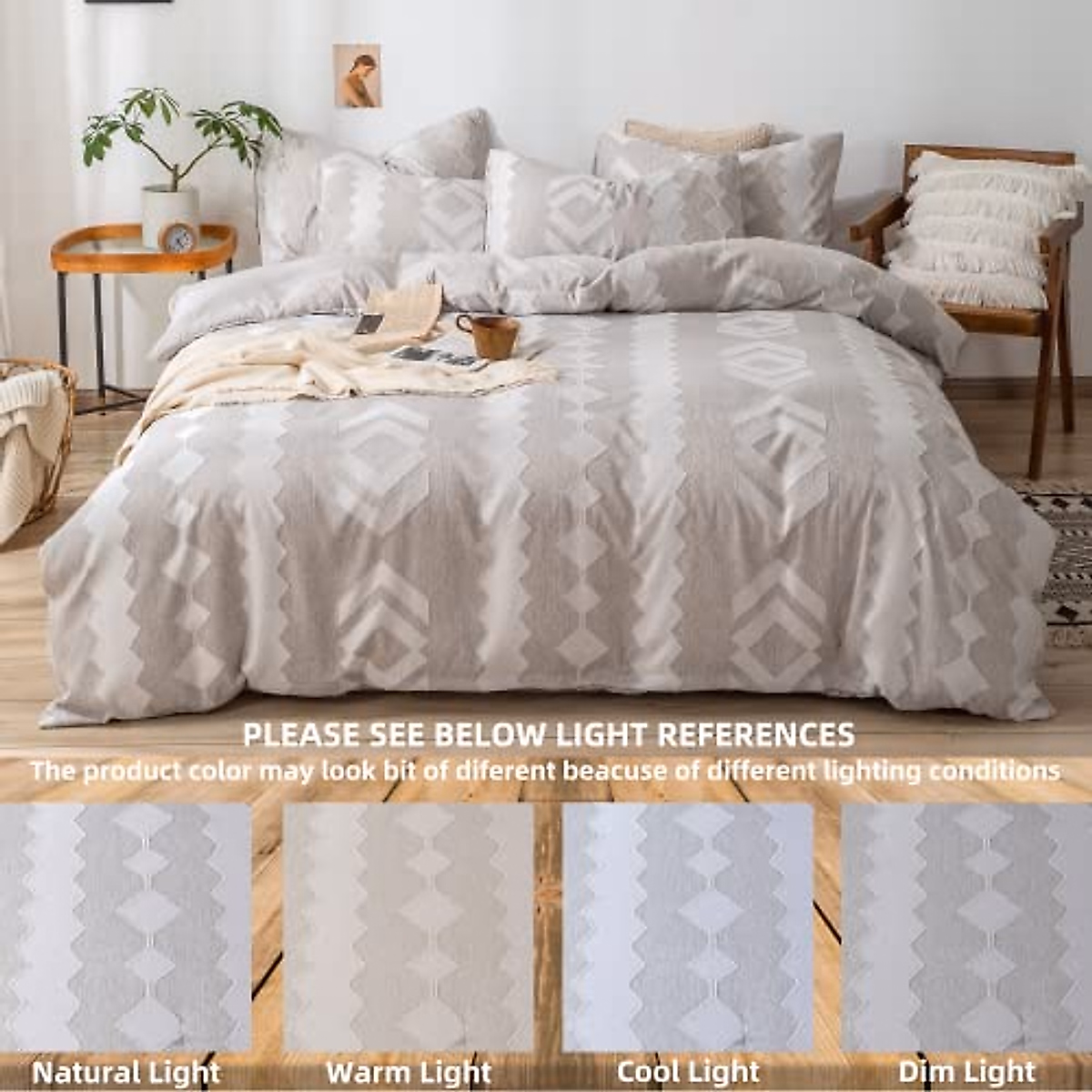 PERFEMET 3-Pieces Boho Tufted Shabby Comforter Set King Size Farmhouse Country Style Geometric Bedding Set for Girls Adult Embroidery Jacquard Ultra Soft Neutral Quilt/Bedspread Set (Light-Gray,King)
