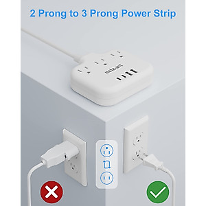 2 Prong to 3 Prong Outlet Adapter, Two Prong Power Strip with 3 Prong Outlets, 3 USB Ports, 5ft Extension Cord Three Prong, Polarized, for Old House, White