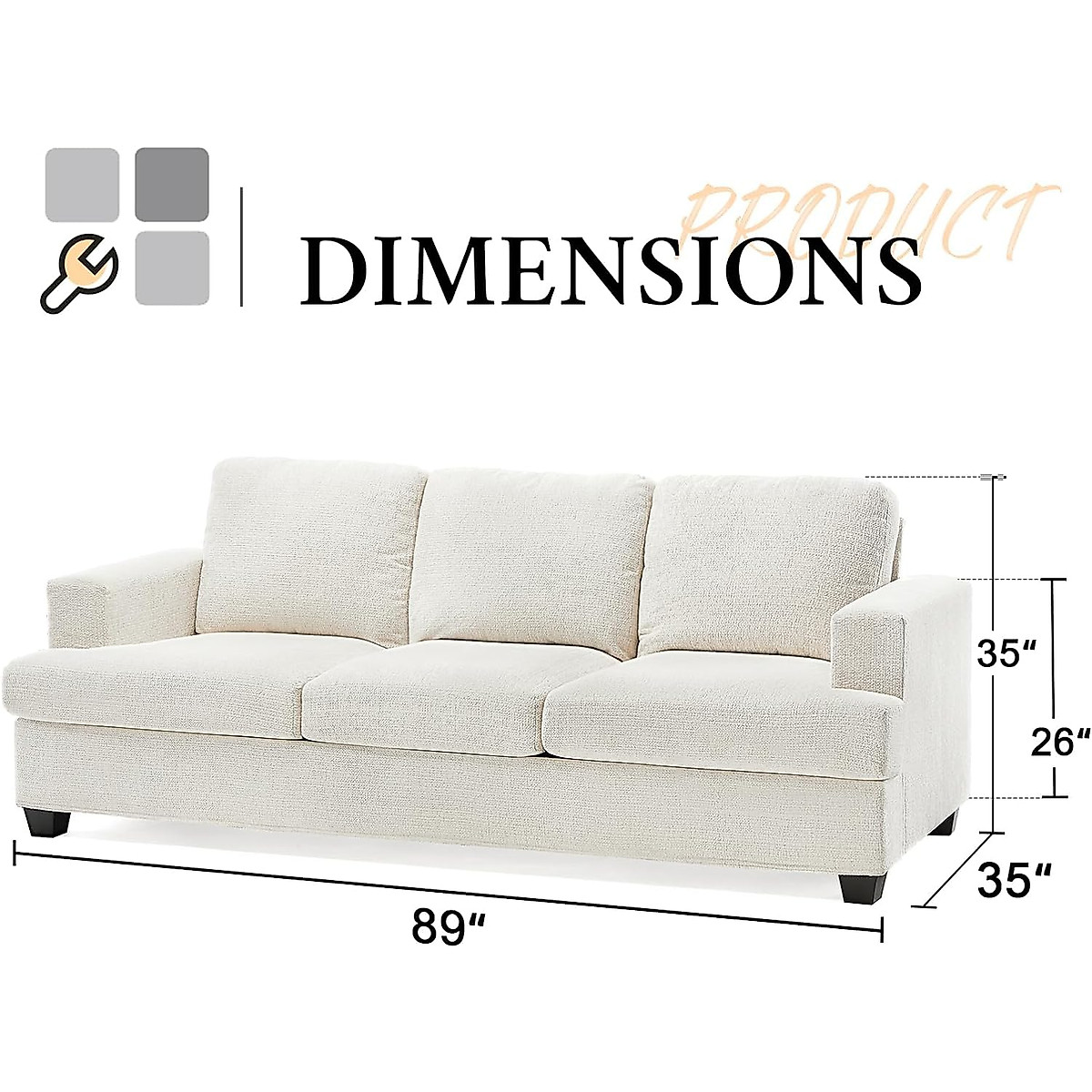 papababe Sofa, 3 Seater Modern Couches with Extra Deep Seats, 89 Inch Wide Comfy Couches for Living Room (Chenille, Beige)