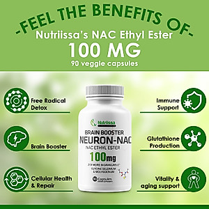 Nutriissa Neuron NAC Supplement N-Acetyl Cysteine Ethyl Ester - 20x More Bioavailable Than NAC 1200 mg - Boost Glutathione 10x More Than Liposomal Glutathione - N Acetyl (90 Capsules)