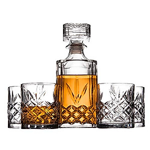 Royalty Art Kinsley Whiskey Glasses Set with Decanter for Scotch, Bourbon, Cognac, and Liquor, Classic 5-Pc. Glass Bundle for Serving Alcohol, Pull Top Drink Stopper