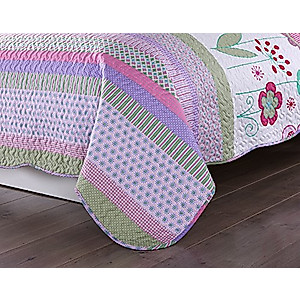 MarCielo 3 Piece Kids Bedspread Quilts Set Throw Blanket for Teens Girls Bed Printed Bedding Coverlet, Full Size, Purple Floral Striped (Full)