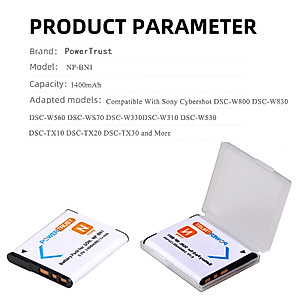 PowerTrust 2-Pack 3.7v NP-BN1 Replacement Battery and LCD USB Charger for Sony NP-BN1 Cyber-shot DSC-QX10 QX100 T99 T110 TF1 TX5 TX7 TX9 TX10 TX20 TX30 TX55 TX66 TX100V TX200V W310 W320 W330 W350 W360