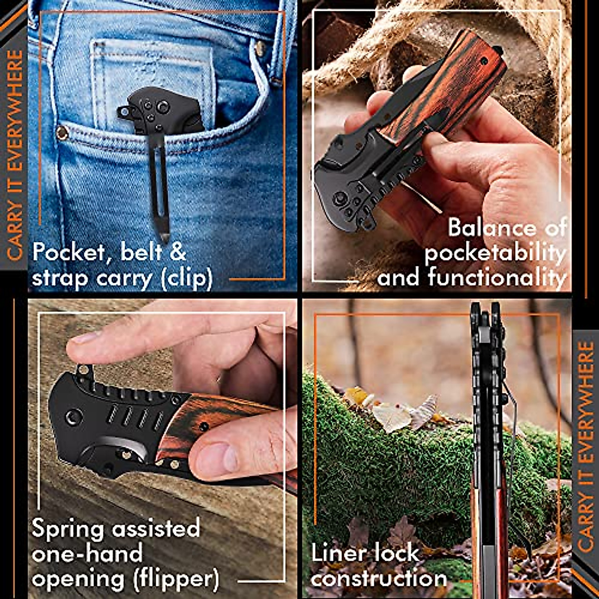 Pocket Knife Spring Assisted Folding Knives - Military EDC USMC Tactical Jack Knifes - Best Camping Hunting Fishing Hiking Survival Knofe - Travel Accessories Gear - Boy Scout Knife Gifts for Men 0207