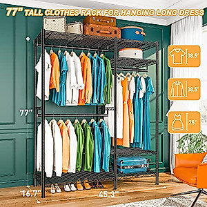 Raybee 77" H Clothes Rack Heavy Duty 705 LBS Capacity Metal Clothing Racks for Hanging Clothes Rack Heavy Duty Adjustable & Portabke Closet Garment Rack 45.3" W X 16.7" D X 77" H Balck