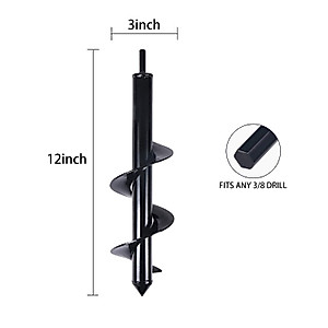 Harapu Auger Drill Bit, Non-Slip -3" x 12" Garden Plant Flower Bulb HEX Shaft Auger Earth Auger Bit, Post or Umbrella Hole Digger for 3/8" Hex Drive Drill Black