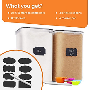 Food Storage Container Set (Pack of 2/6.5L) - Kitchen & Pantry Storage Canisters for Flour, Sugar, Baking Supplies, Cereal & Rice - Made of BPA Free Plastic - Comes with Spoons, Stickers & Marker