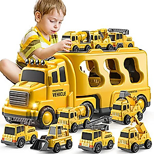 TEMI Construction Truck Toys Cars for Toddlers 3-5 - 7-in-1 Friction Power Vehicle Toy for 3 4 5 6 Year Old Boys, Carrier Transport Trucks for Kids 3-5 Years, Car Toys Set for Age 3-9 Boys & Girls