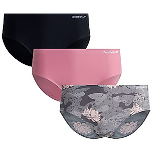 Reebok Women's Hipster Panties - 3 Pack Tag Free Stretch Performance Stay-Put Seamless Underwear for Women (Sizes: S-XL), Size Small, Sharkskin/Fox Glove/Black