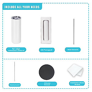 CWRIEB 8pack 20oz flat edge sublimation tumblers ，White skinny insulated Sublimation tumbler Straight Cups with Individual Gift Box, Silicone Bottom Polymer Coating for Heat Transfer （8pack 20oz）