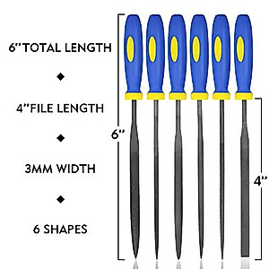 KALIM Mini Needle File Set (Carbon Steel 6 Piece-Set) Hardened Alloy Strength Steel - Set Includes Flat, Flat Warding, Square, Triangular, Round, and Half-Round File(6'' Total Length)