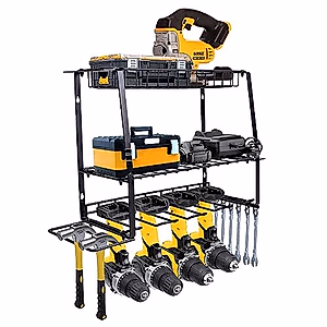 LORO ESSENTIALS Power Tool Organizer for Tool Storage - Garage Storage Tool Organizer Wall Mount - Storage Rack for Cordless Drill Holder - Heavy Duty Shelving with Tool Box Holder and Battery Holder