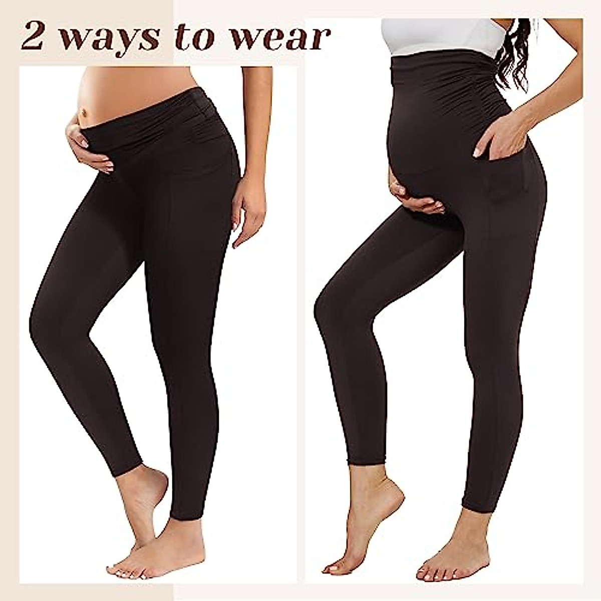 Happy.angel 2 Pack Maternity Fleece Lined Leggings Over The Belly, Womens Black Workout Yoga Pregnancy Pants with Pockets Black Small