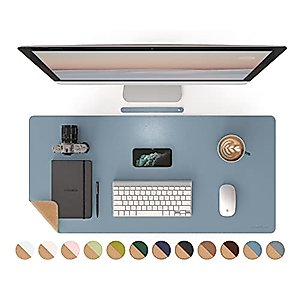 RENMTURE Dual-Sided Desk Pad, Natural Cork & PU Leather Large Mouse mats for Office and Home Work, Desk Protector Non-Slip, Waterproof, Easy Clean (Blue Gray, 36"x17")