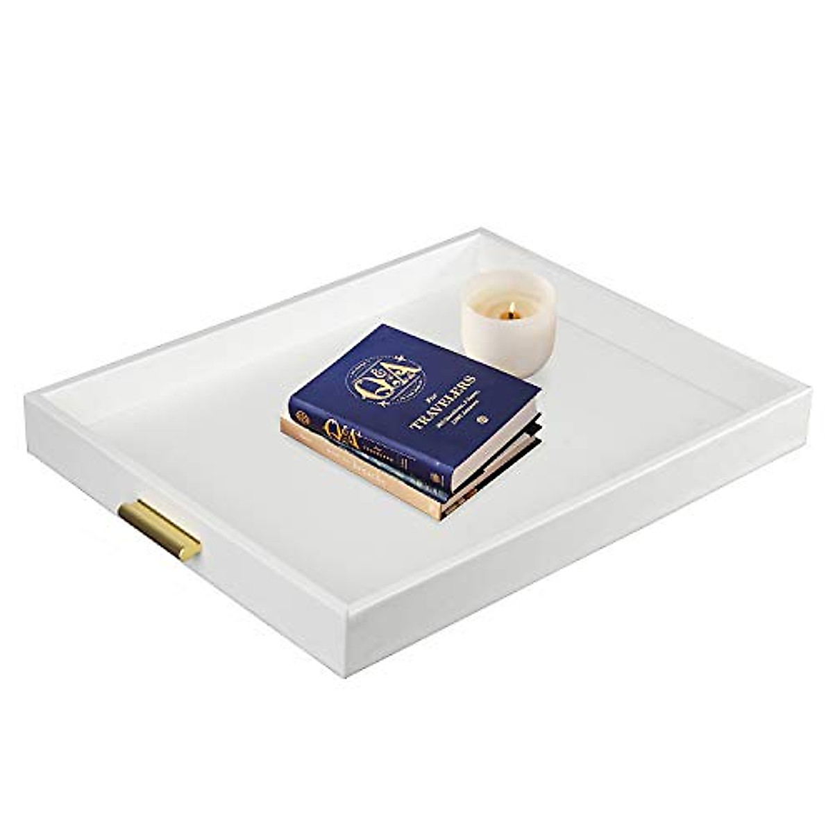 HofferRuffer Extra Large Serving Tray with Handles, Elegant Faux Leather Storage Decorative Tray for Coffee Table, Ottoman, Console Table (White Tray+Golden Handle)