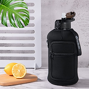 Fimibuke Half Gallon Water Bottle with Sleeve 64 OZ Water Bottle with Handle & Straw Leakproof Motivational Sports Gym Water Bottle with Time Marker BPA Free Water Jug with Neoprene Holder - Black
