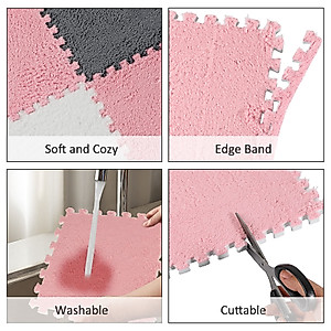 18 Pcs Plush Foam Floor Mat Square Interlocking Carpet Tiles with Border Fluffy Play Mat Floor Tiles Soft Climbing Area Rugs for Home Playroom Decor, 12 x 12 x 0.4 Inch (White, Pink, Gray)