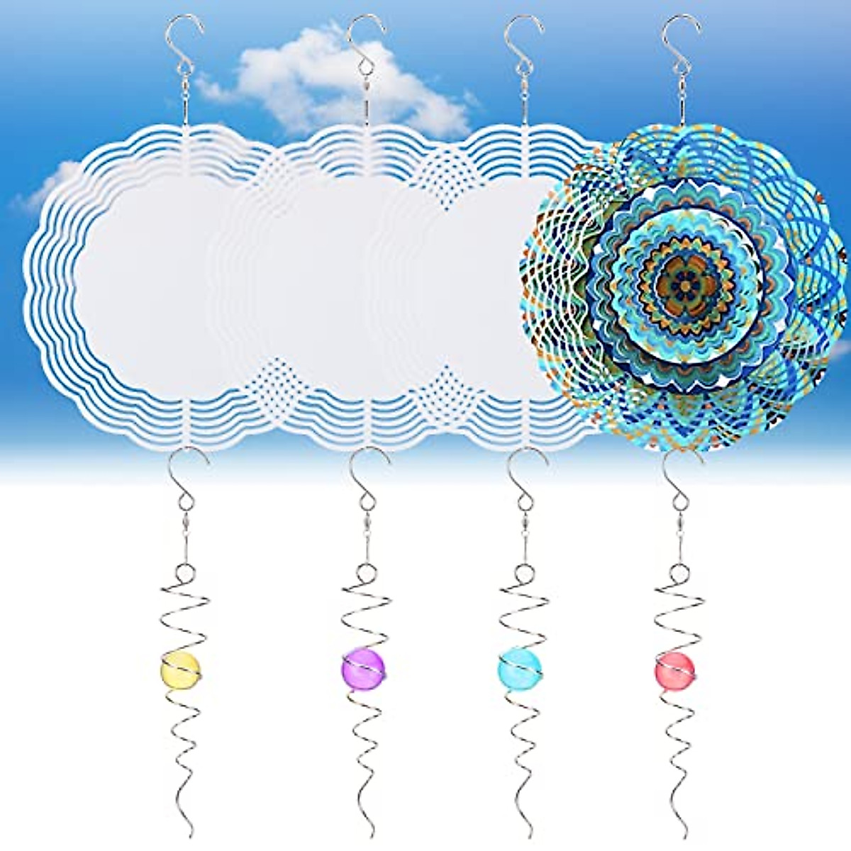 4Pcs Sublimation Wind Spinner Blanks 10Inch with 4Pcs Gazing Ball Spiral Tail, Round Stainless Steel Laser Cut Metal Hanging Wind Spinners for Outdoor Garden and Yard