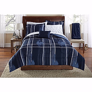 Mainstays Teen Modern Geometric Plaid Navy Blue Reversible Bedding Queen Comforter for Boys (8 Piece in a Bag)